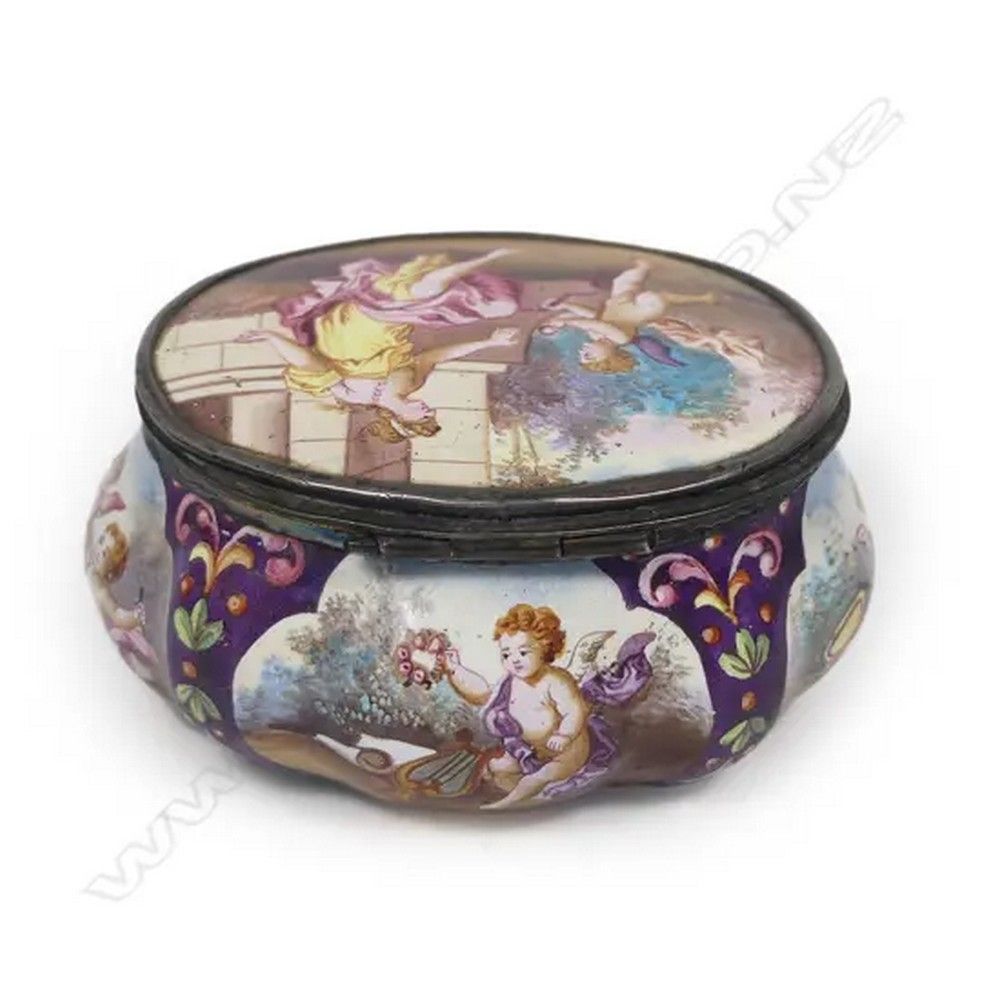 French Enamelled Trinket Pill Box with Cherubs and Maiden - Boxes ...