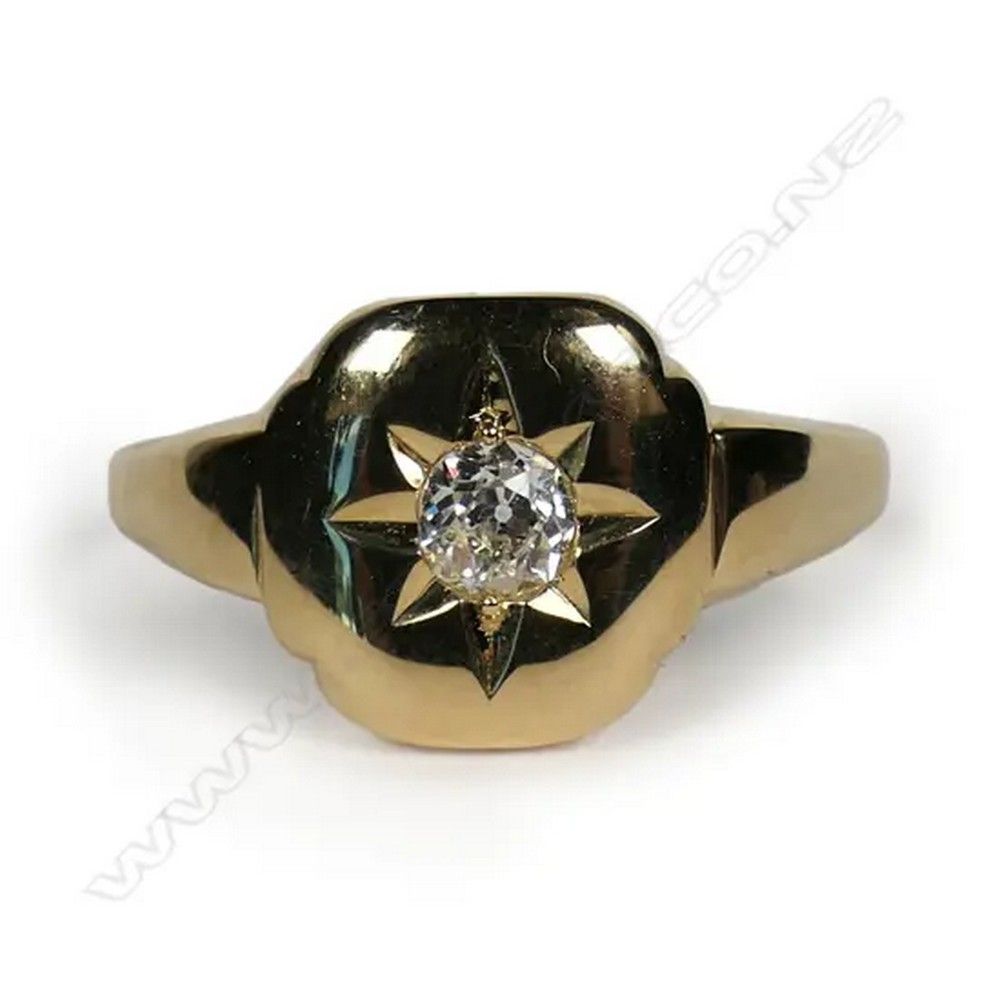 Vintage 9ct Gold Diamond Signet Ring with Old European Cut - Rings ...