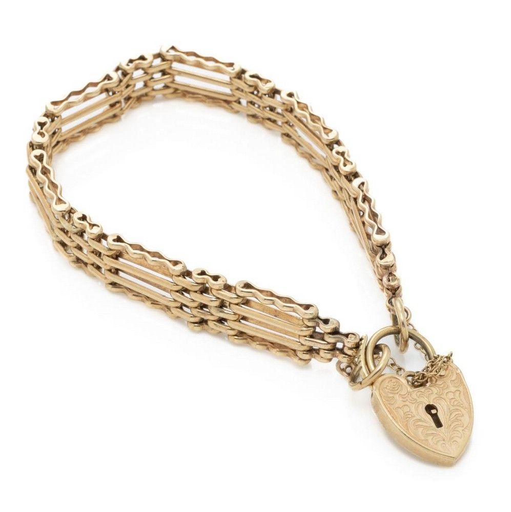 9ct Gold Gate Link Bracelet with Heart Padlock Clasp - Bracelets ...