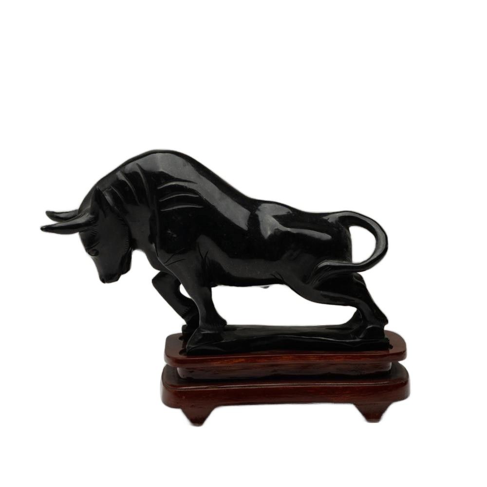Black Marble Bull Sculpture on Timber Stand, 30 cm Length - Animals ...