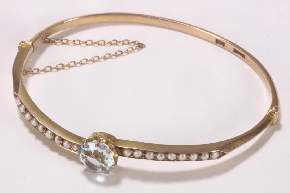 Australian Wendt 9ct Gold Aquamarine & Seed Pearl Bangle - Bracelets ...