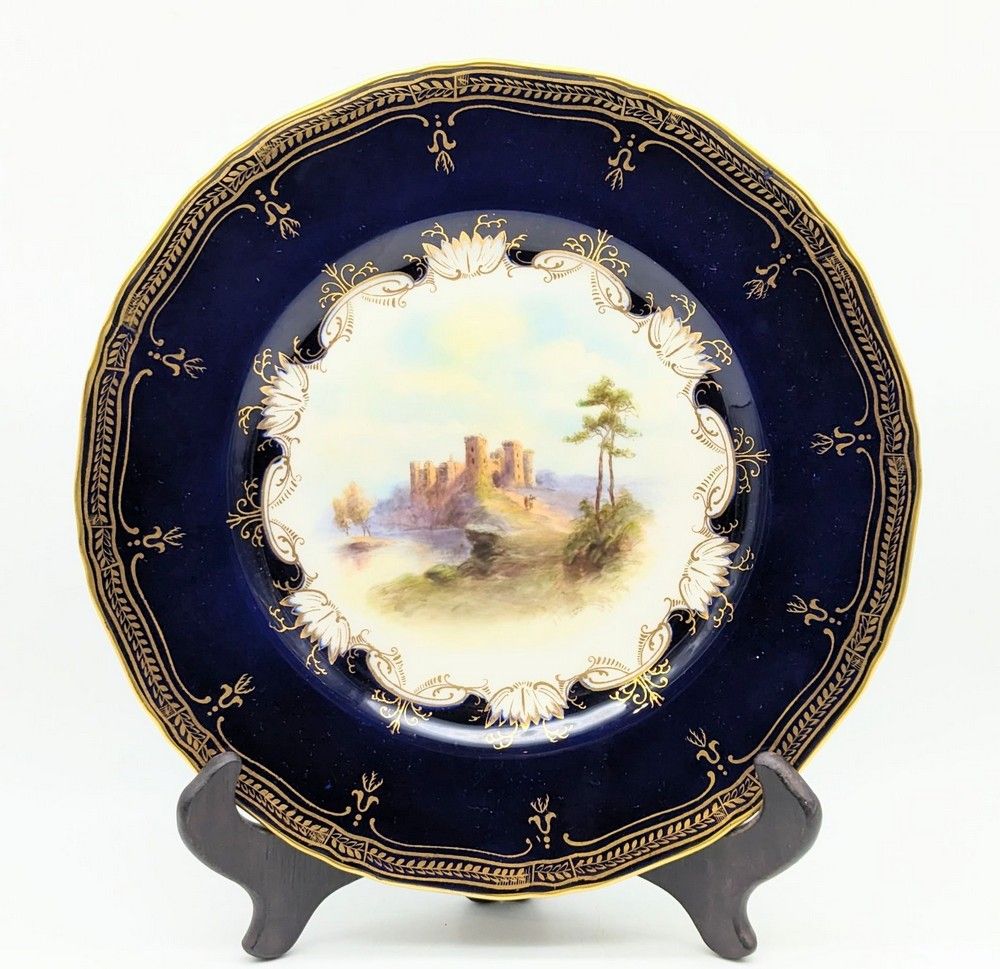 Hand-painted Royal Worcester plate with Raglan Castle, cobalt border ...
