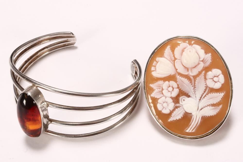 Italian Silver Cameo & Danish Amber Cuff, Stamped 925 Sterling ...