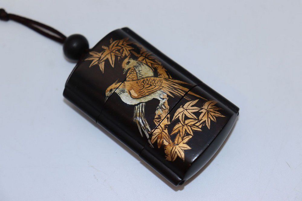 Gilt Iron Wood Inro with Bird and Flower Decor - Zother - Oriental