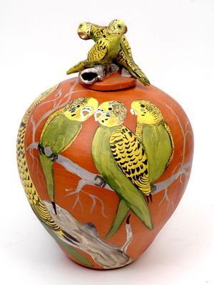 Budgerigar-decorated Terracotta Jar by Judith Inkamala, Hermannsburg ...