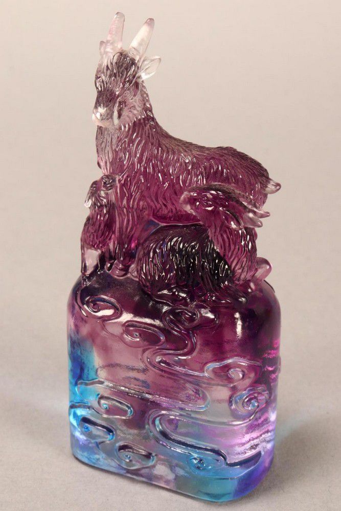 Triple Goat Art Glass Figure on Cloud Pedestal - Zother - Oriental