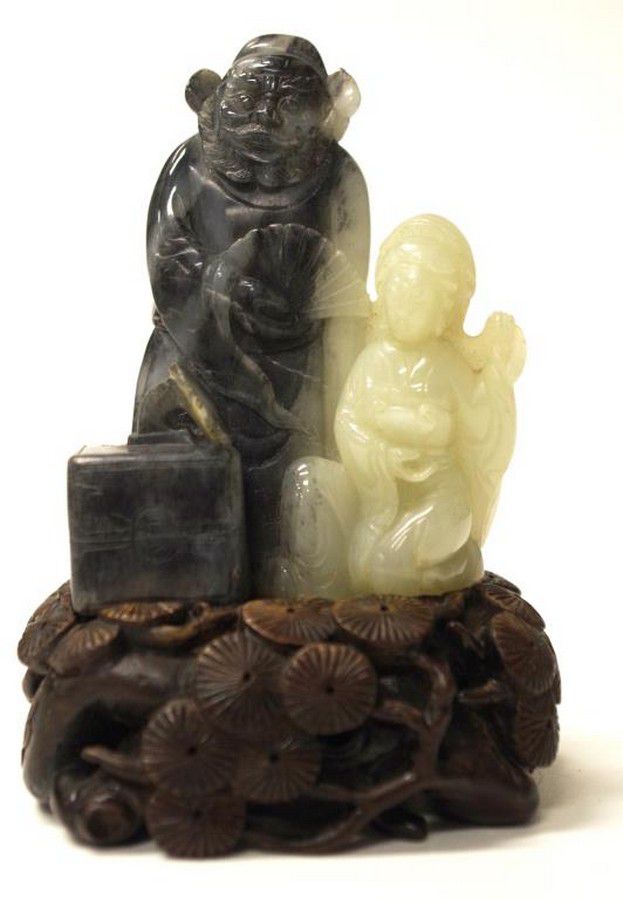 Blue & White Jade Figure on Carved Stand - Jade - Oriental