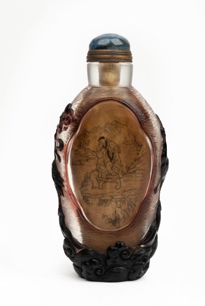 Chinese Carved Peking Glass Scent Bottle with Stone Top - Zother - Oriental