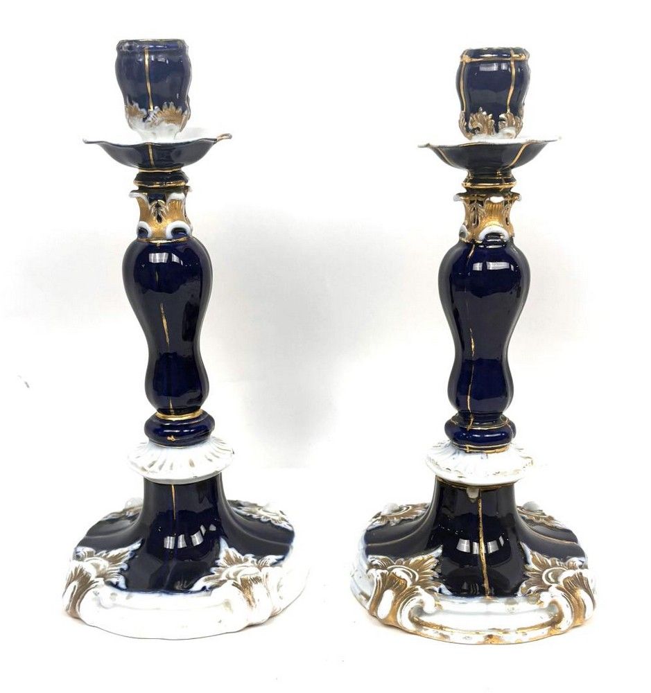 19th Century Meissen Cobalt Blue and Gilt Candlesticks, Pair - Meissen ...