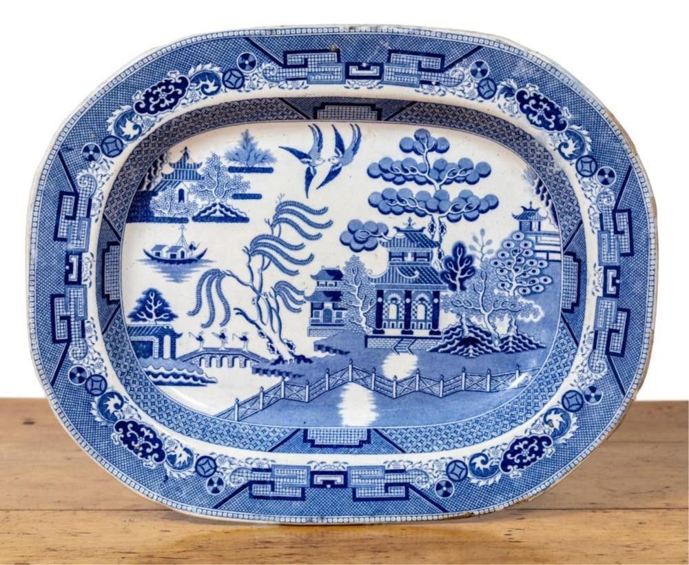 19th Century English Willow Pattern Blue & White Meat Dish - Blue ...