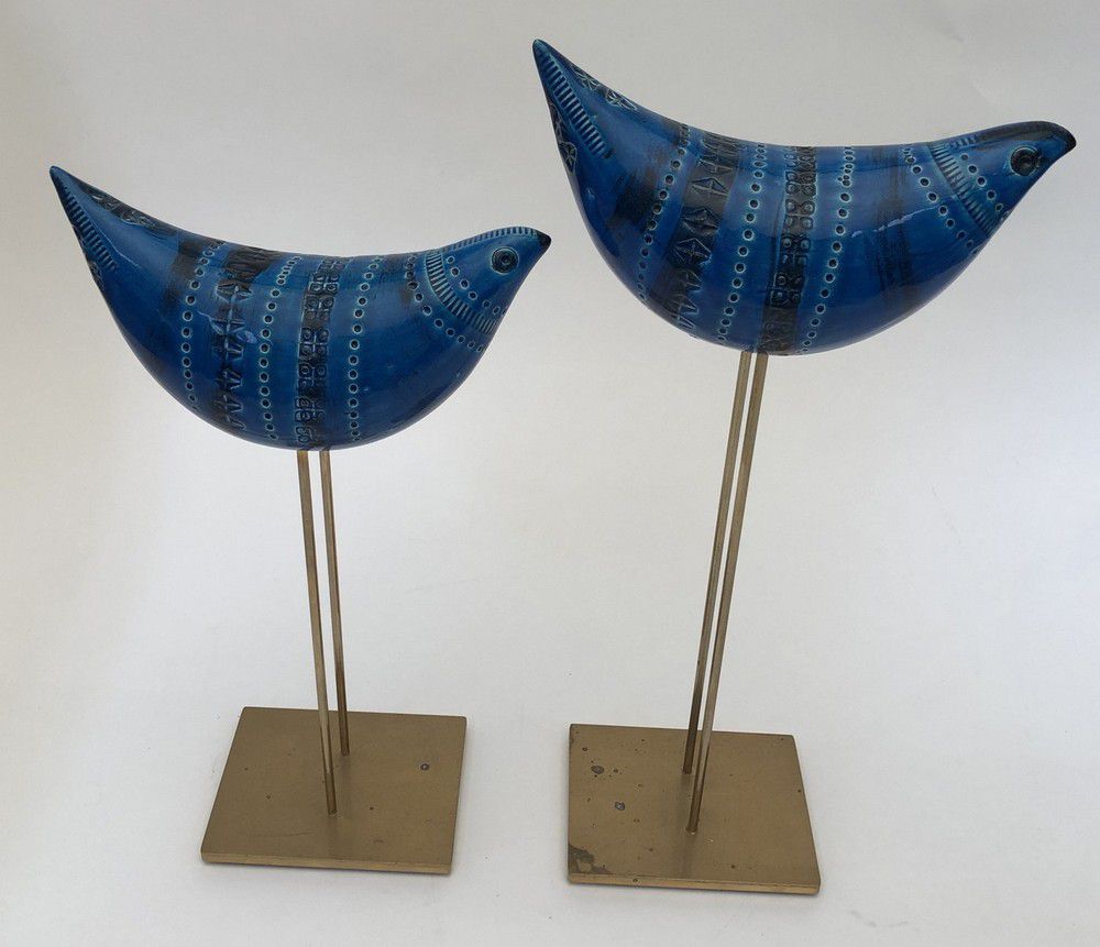 Blue Ceramic Bitossi Birds with Brass Accents - European - Furniture ...