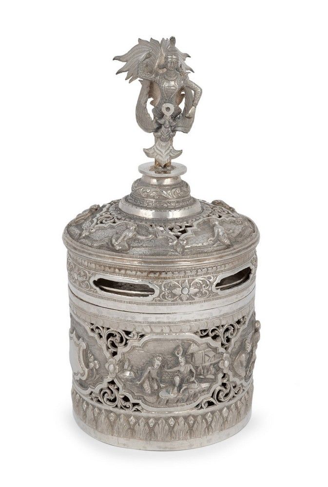 Burmese Repousse Circular Lidded Box with Figural Finial - Zother ...