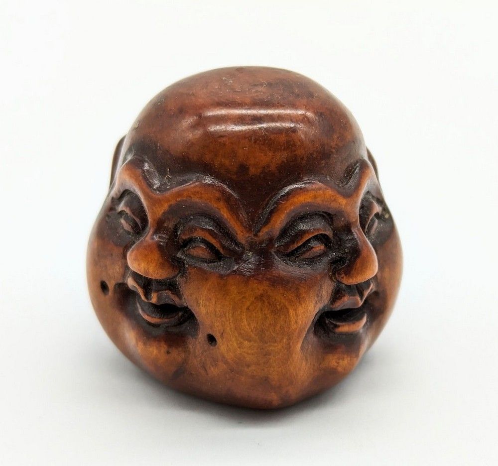 Japanese Boxwood Netsuke: Four Faces of Buddha with Signature - Netsuke ...