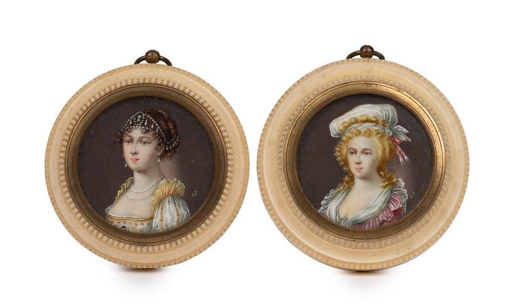 19th Century Hand-Painted Miniature Portrait Pair in Ivory Frames ...