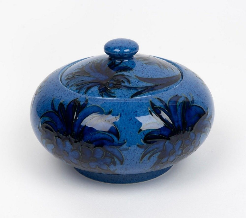 Moorcroft 'Cornflower' lidded pottery bowl on blue ground, signed ...