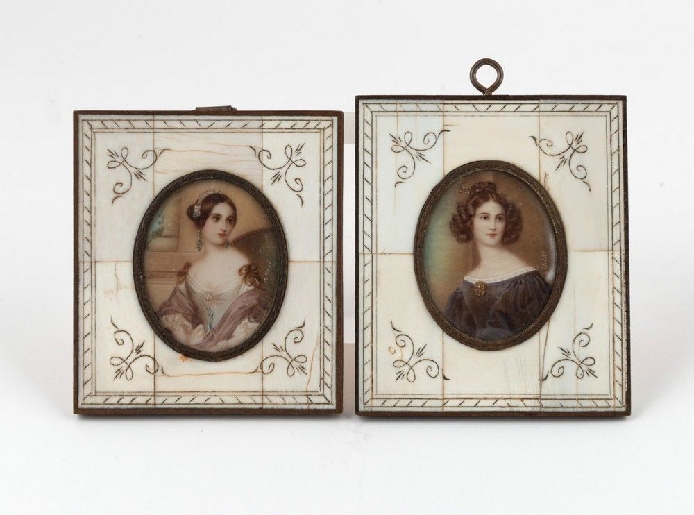 Miniature Hand-Painted Lady Portraits in Ivory Frames, 20th Century ...