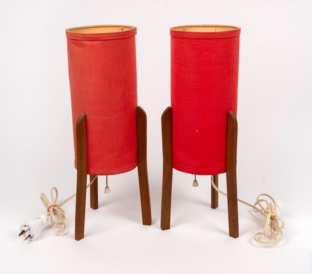 Vintage teak table lamps with original red cloth covered shades - Lamps ...