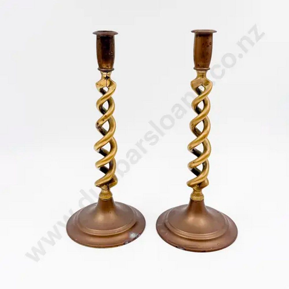 Edwardian copper and brass barley twist stem candlestick pair ...