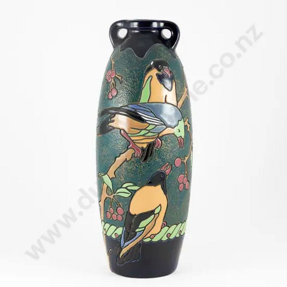 Czechoslovakian Two-Handled Amphora Vase with Birds & Berries - Amphora ...