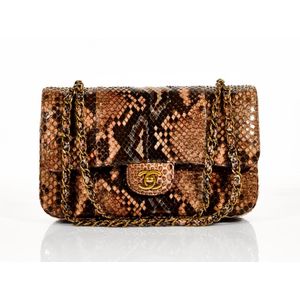 Brown Python Chanel Double Flap Bag with Metallic Finish - Handbags ...