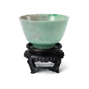 Qing Dynasty Jadeite Bowl on Carved Wooden Stand - Jade - Oriental