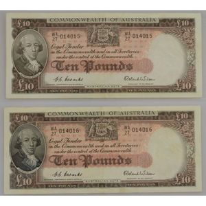 Consecutive Australian Ten Pound Notes with Coombs & Wilson Signature ...