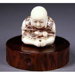 Japanese Ivory Netsuke: Boy and Rat - Netsuke - Oriental
