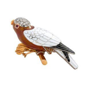 Enamel Parrot Brooch with Diamond and Ruby Accents - Brooches - Jewellery