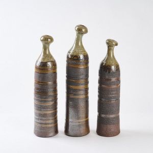 Lopsided Trio: Ian Firth Green Glazed Bottles with Band Detailing - New ...