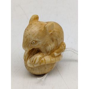 Japanese Carved Bone Netsuke: Mouse atop Nut (Signed) - Netsuke - Oriental