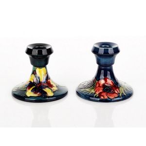 Moorcroft Anemone and Hibiscus Candlesticks (Pair) - Moorcroft - Ceramics