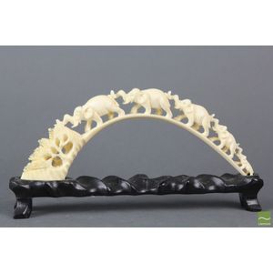 Elephant Herd Bridge Sculpture on Carved Timber Stand - Ivory - Oriental