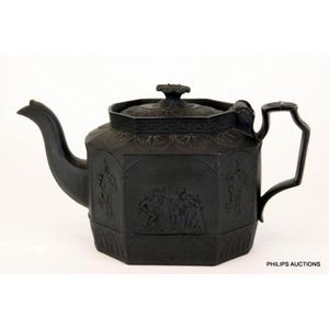 English black basalt hexagonal teapot with classical relief, circa 1805 ...
