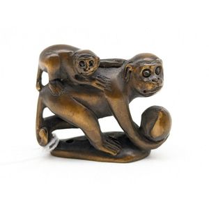 Japanese Carved Boxwood Netsuke: Monkeys with Peach, Signed Base ...