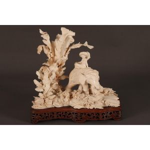 Chinese Ivory Figure Group with Elephant and Woman - Ivory - Oriental