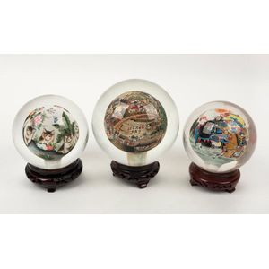 Chinese Glass Sphere Ornaments with Hand-Painted Scenes on Stands ...