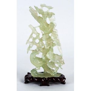 Chinese Jade Tree with Birds on Wooden Stand - Jade - Oriental