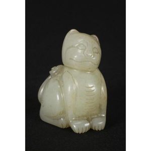 Seated White Jade Cat Figure - Jade - Oriental