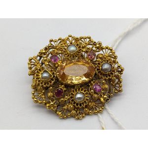 Topaz and Ruby Brooch in 18ct Gold Filigree Setting - Brooches - Jewellery
