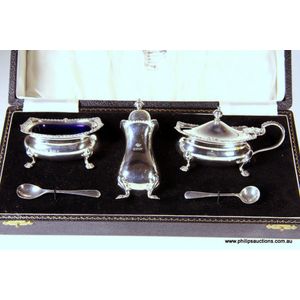 Sterling Silver Cruet Set with Blue Glass Liners - Condiment & Cruet ...