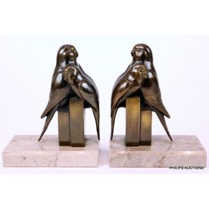 Art Deco Spelter Parrots Bookends with Marble Bases - Bookends - Sundries