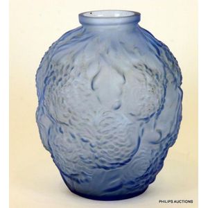 French Art Deco Blue Glass Vase with Chrysanthemum Designs - French - Glass