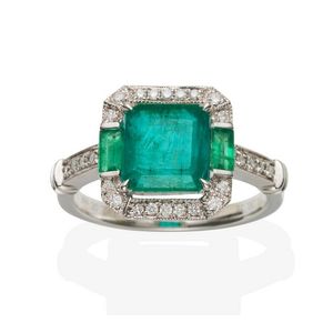Emerald and diamond ring, centred by a square step-cut emerald ...