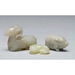 Celadon Jade Animal Carvings: Deer, Pig, Cat with Kitten - Jade - Oriental