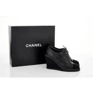Chanel Black Leather Lace Up Wedge Booties with Silver Chains ...