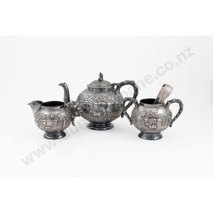 Indian Silver Tea Set with Ornate Landscape Design and Bamboo Handles ...