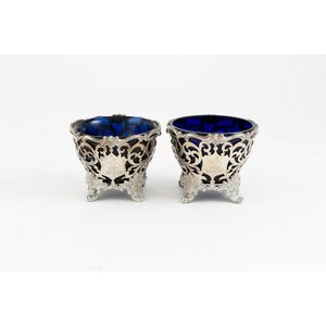 Victorian sterling silver salts with crest and blue glass liners ...