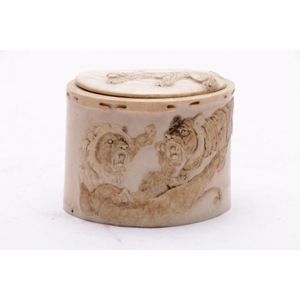 Japanese Ivory Container with Tiger Motif and Timber Base - Ivory ...