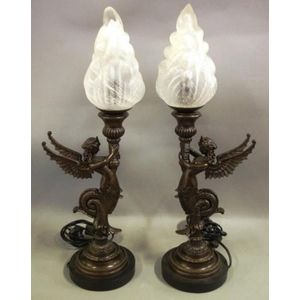 Bronzed Angel Table Lamps with Flame Shades - Lamps - Table & Desk ...
