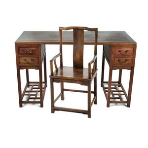 Chinese Hardwood Desk and Chair Set - Furniture - Oriental